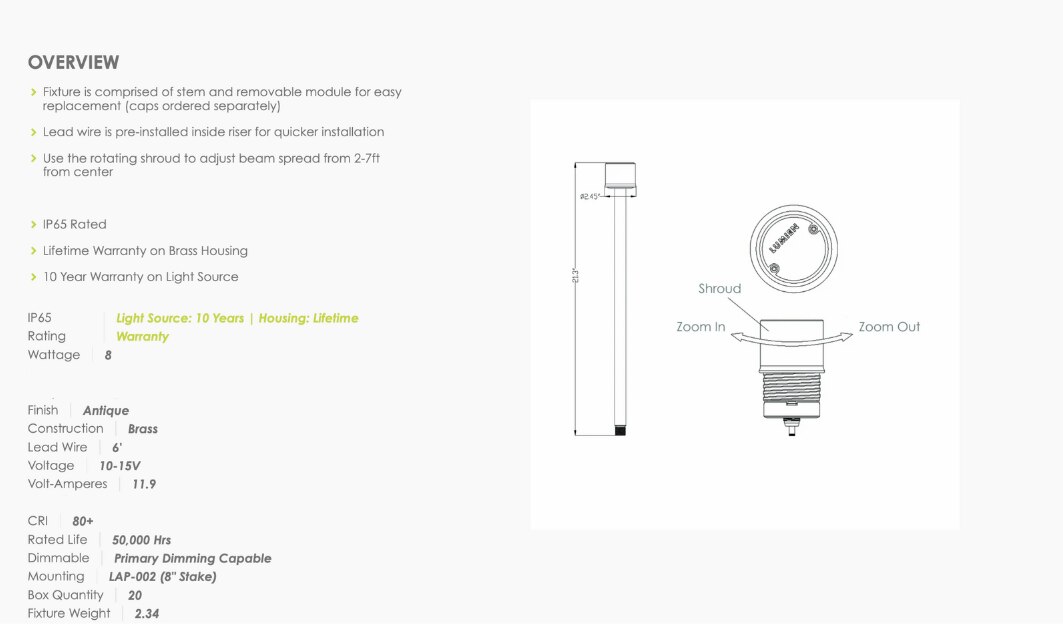 Lumien CORE Modular Brass Adjustable Path Light Stem (Top Sold Separately)